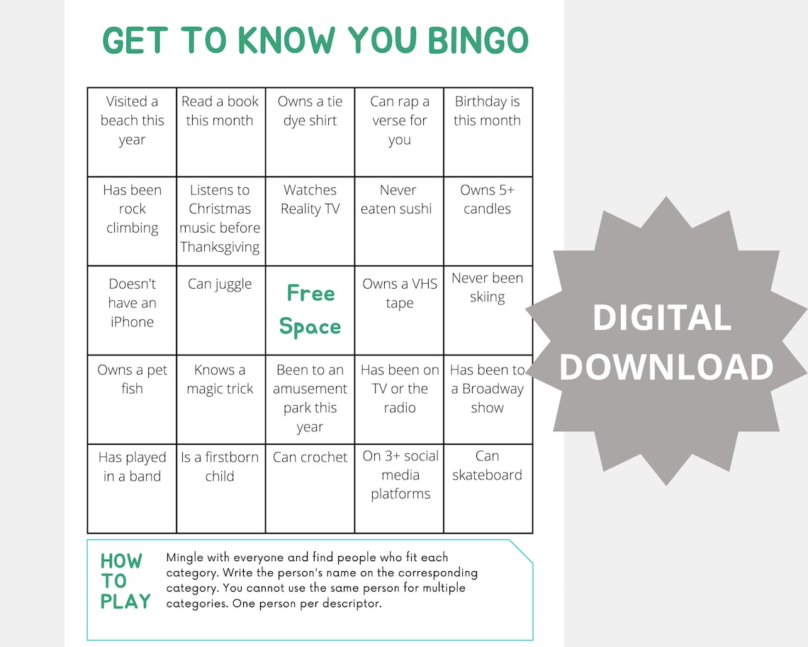Get to Know You Bingo Game • Digital Download Printable • "find Someone ...