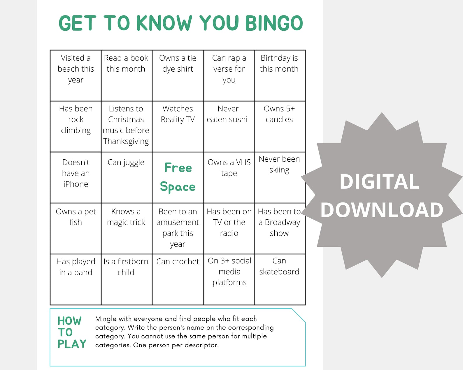 Get to Know You Bingo Game • Digital Download Printable • "find Someone ...