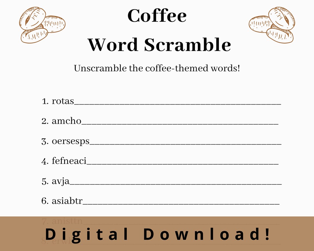 Coffee Word Scramble • Coffee Themed Party Games • Work Game • Coffee ...