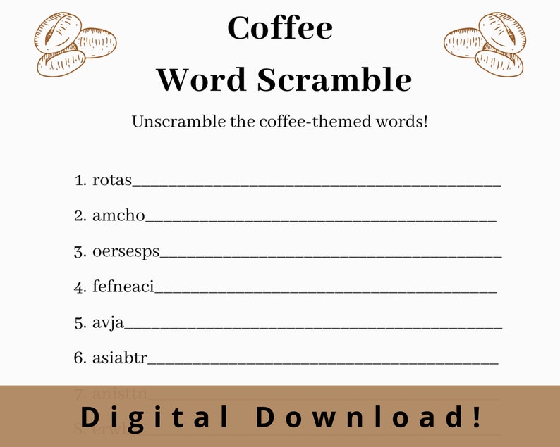 Coffee Word Scramble • Coffee Themed Party Games • Work Game • Coffee ...