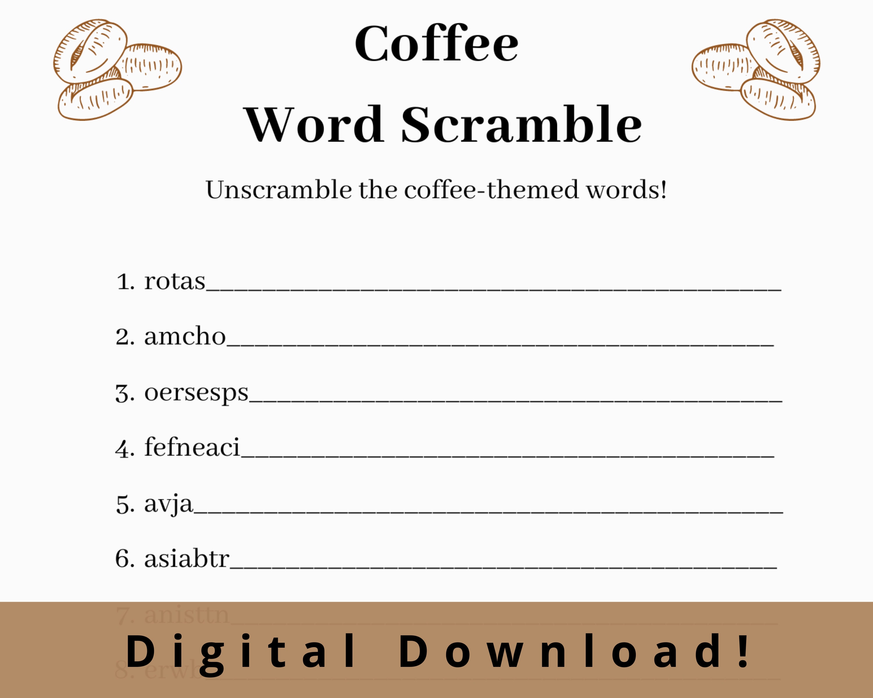 Coffee Word Scramble • Coffee Themed Party Games • Work Game • Coffee ...