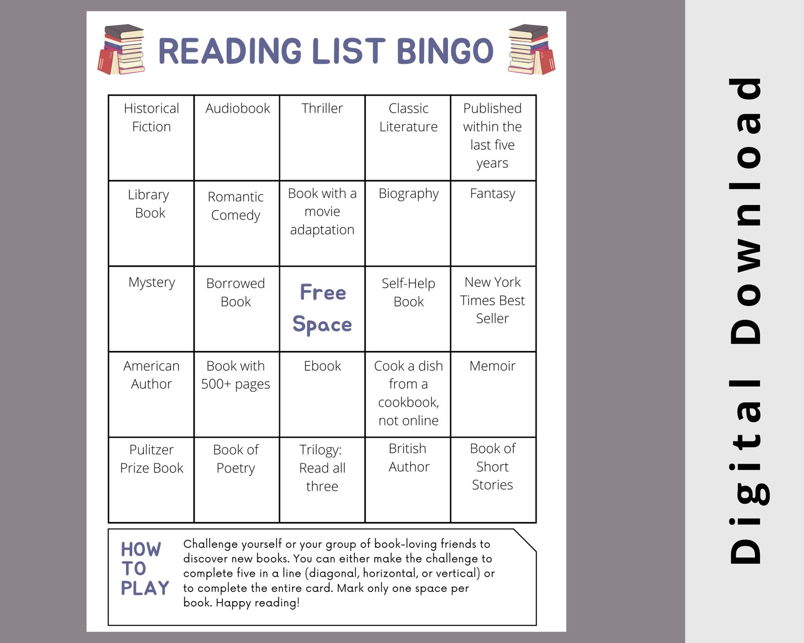 Reading List Bingo • Book Club Bingo Game • Book Club Party Game • Book ...