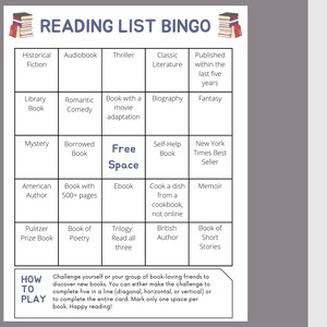 Reading List Bingo • Book Club Bingo Game • Book Club Party Game • Book ...