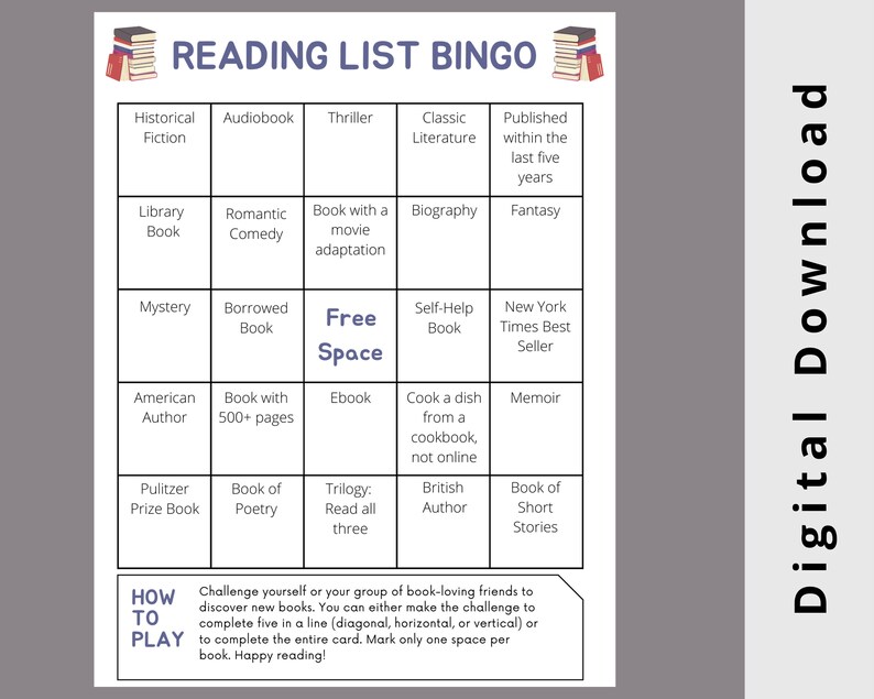 Reading List Bingo • Book Club Bingo Game • Book Club Party Game • Book ...