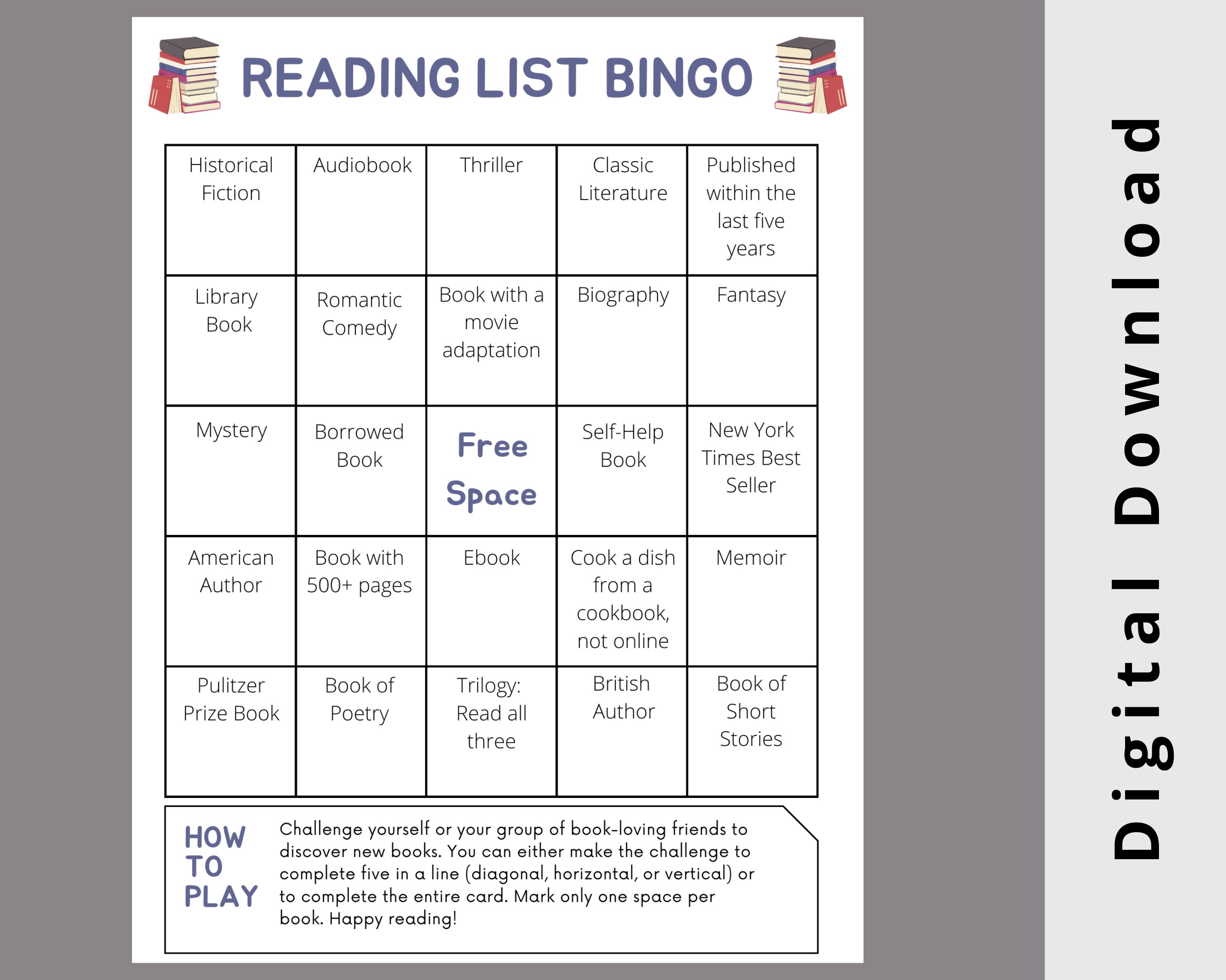 Reading List Bingo • Book Club Bingo Game • Book Club Party Game • Book ...