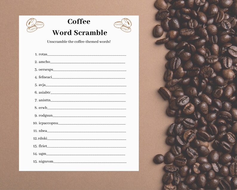 Coffee Word Scramble • Coffee Themed Party Games • Work Game • Coffee ...