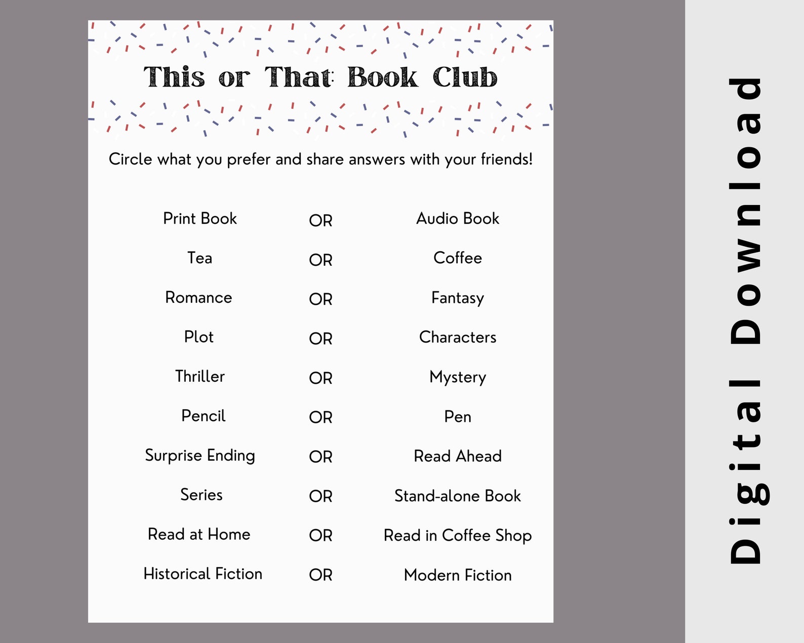 Book Club This or That Game • Book Club Party Game • Book Games • Book ...
