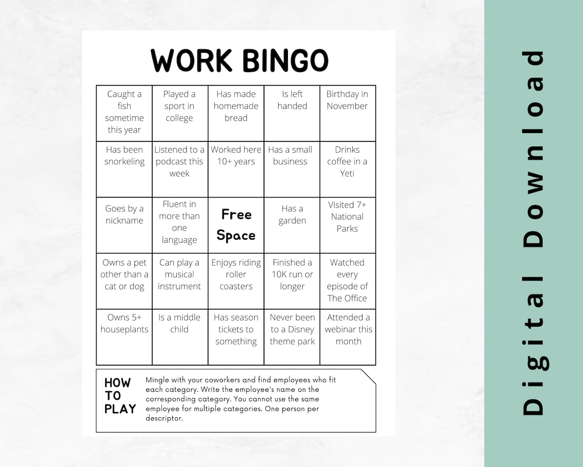 Work Bingo • Workplace Get-to-know You Game • Employee Work Game • Work ...