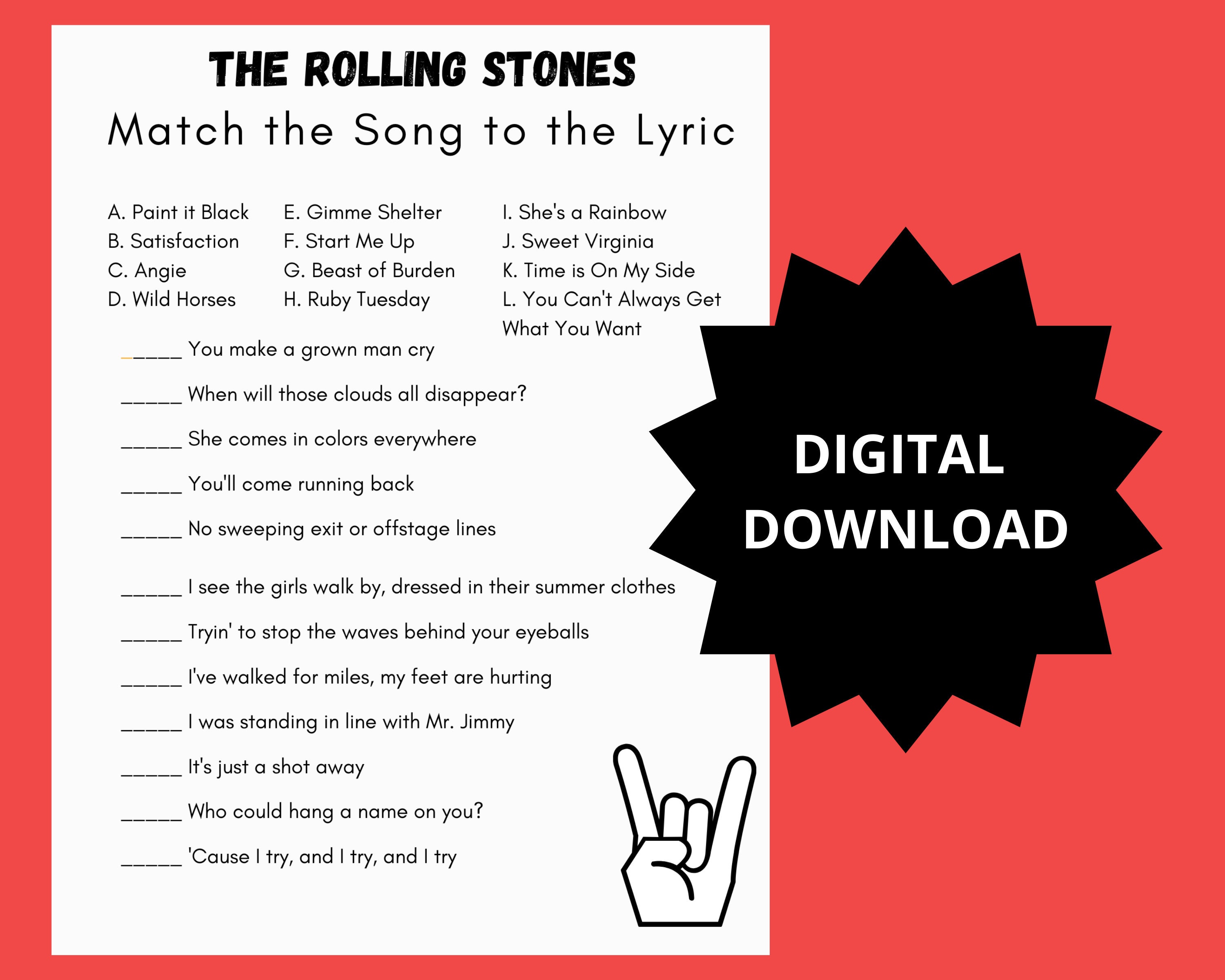 The Rolling Stones Song Matching Game • Printable Digital Download ...