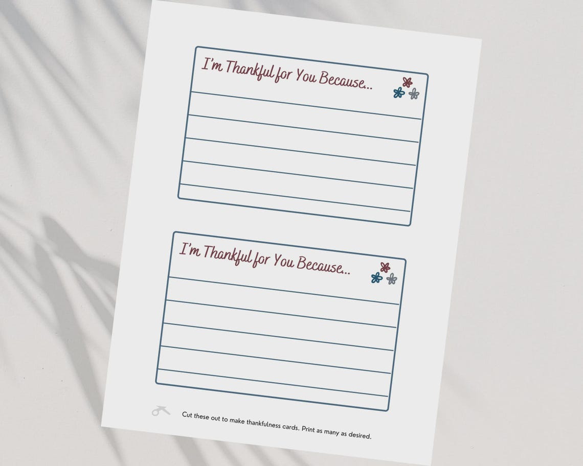 I'm Thankful for You Because Cards • Practice Thankfulness • Printable ...