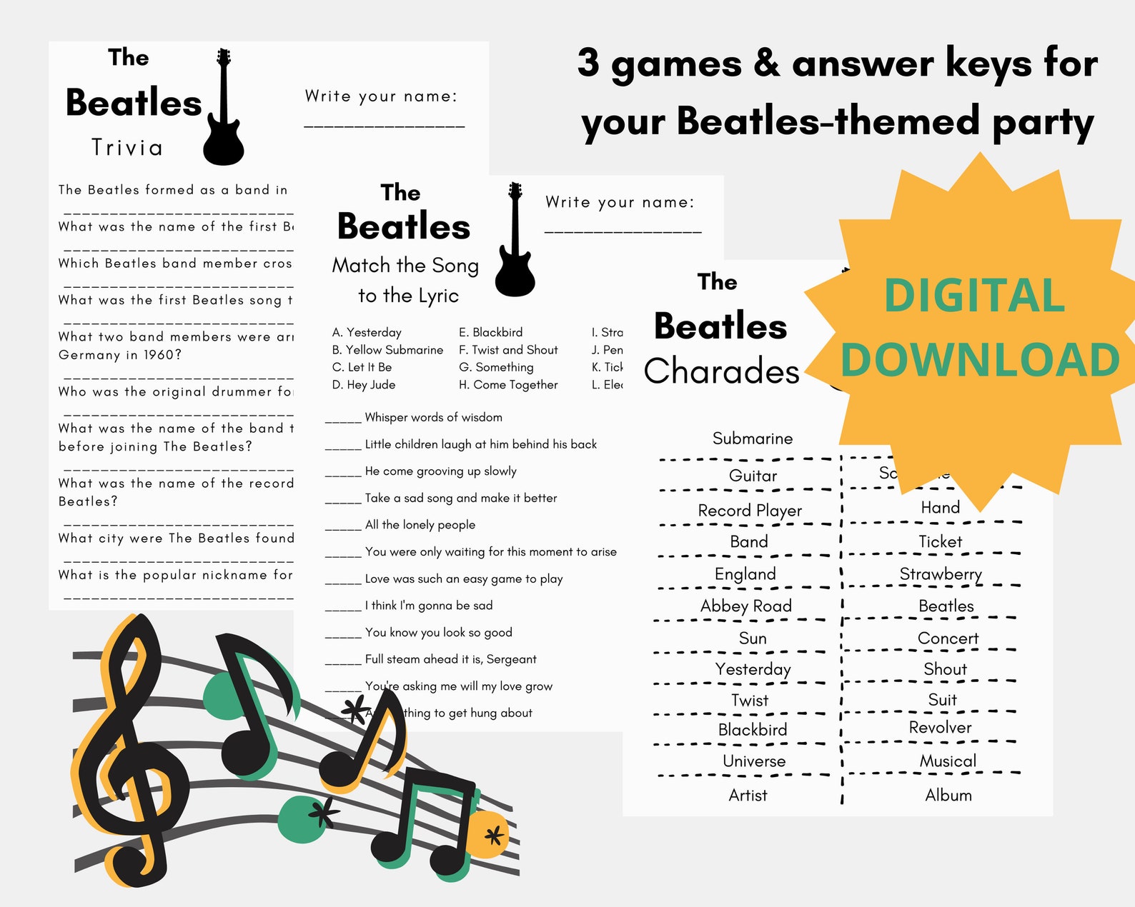 The Beatles Printable Party Games: Trivia, Song Matching, Charades - Etsy