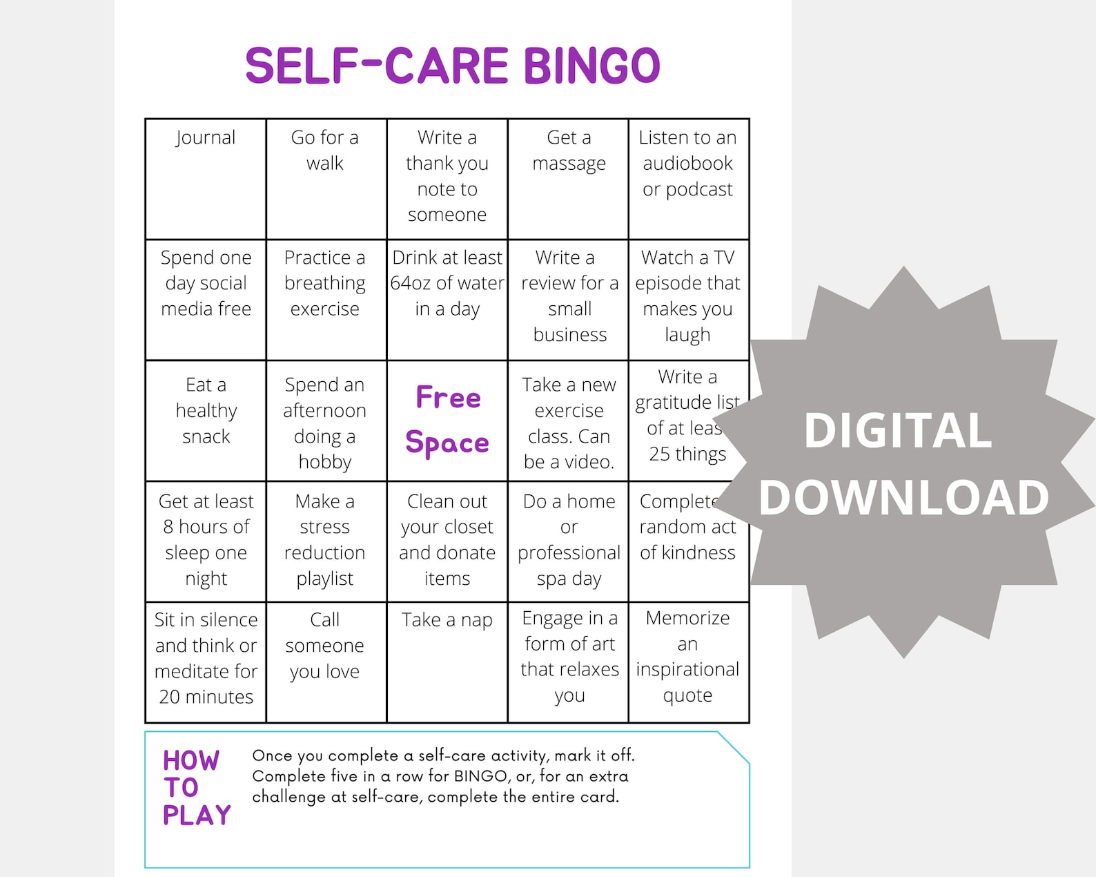 Self-care Bingo Game, Digital Download Printable • Mental Health ...
