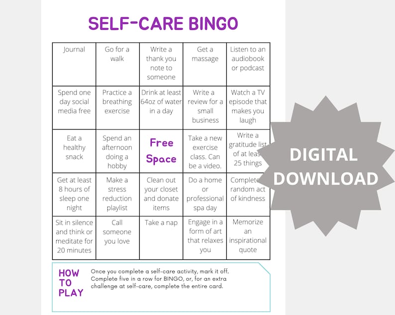 Self-care Bingo Game, Digital Download Printable • Mental Health ...