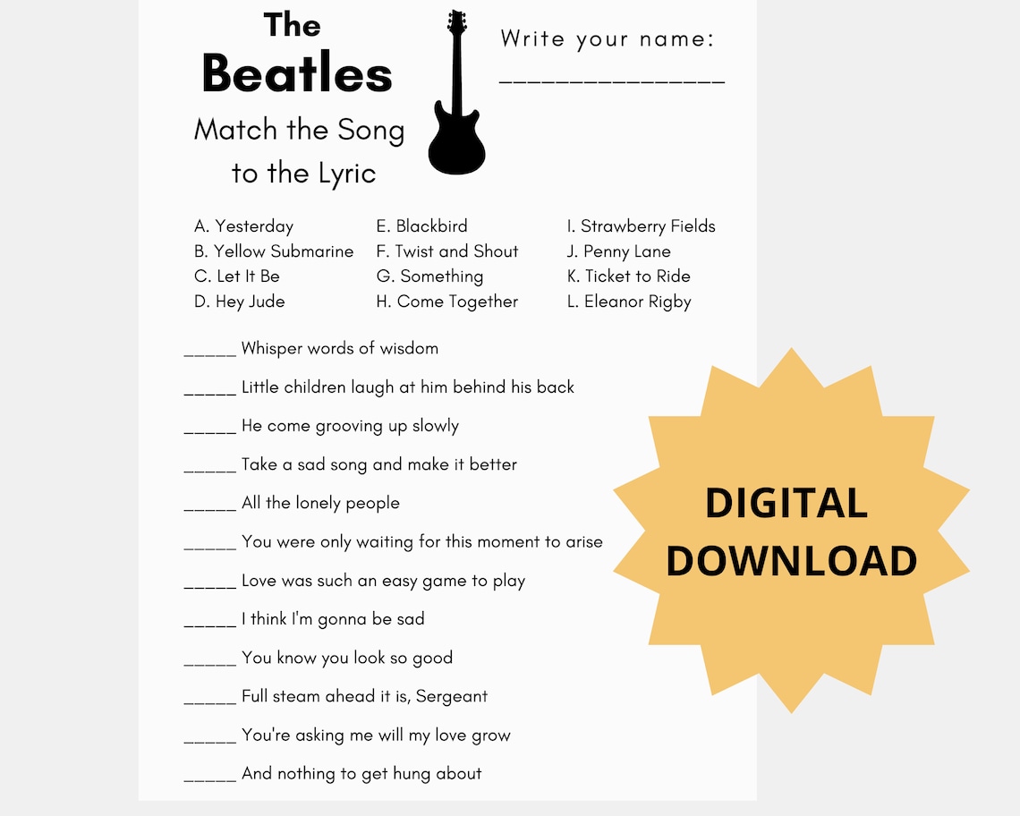 The Beatles Printable Song Matching Game, Digital Download Party Game ...
