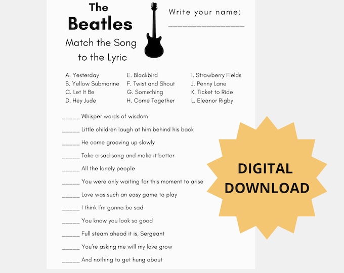 The Beatles Printable Party Games: Trivia, Song Matching, Charades ...