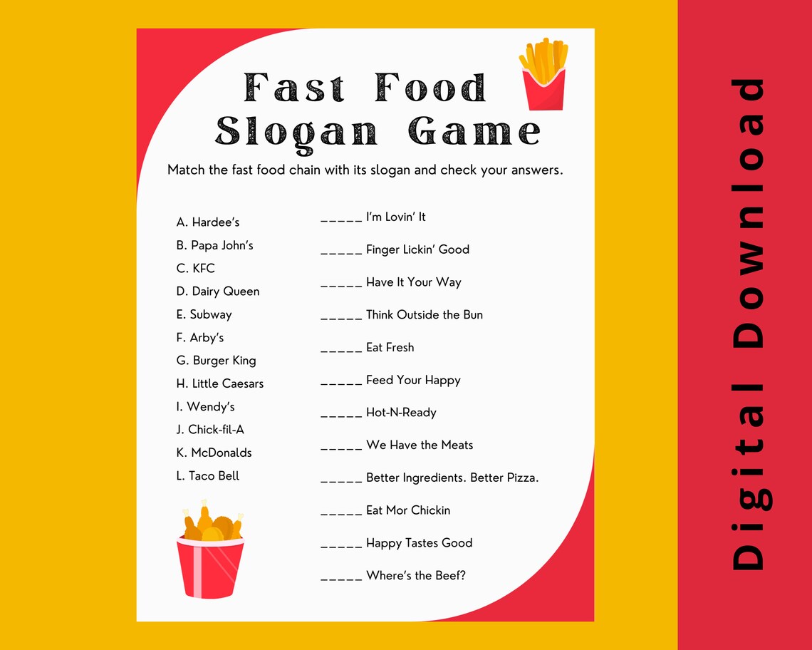 Fast Food Trivia Game • Fast Food Slogan Game • Popular Food Trivia ...