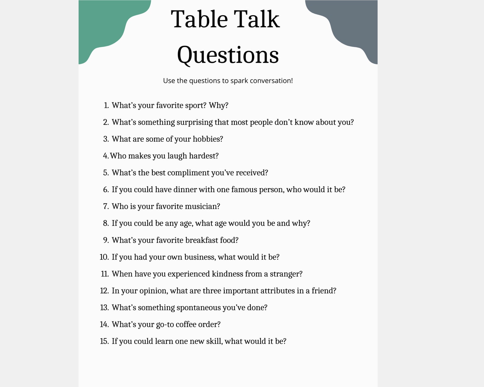 Table Talk Game • Conversation Starters • Get-to-know You Game ...