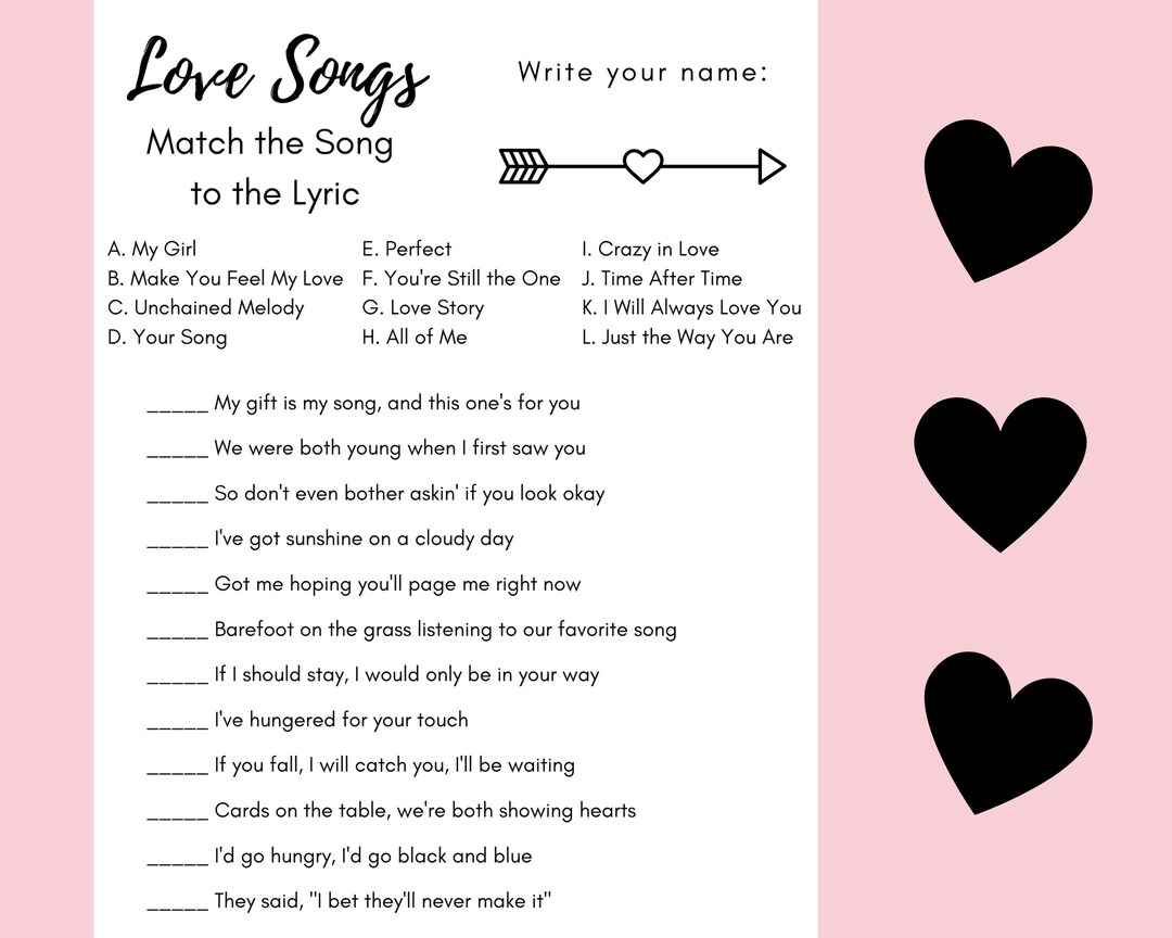 Love Song Matching Game, Printable Download: Bridal Shower, Valentines ...