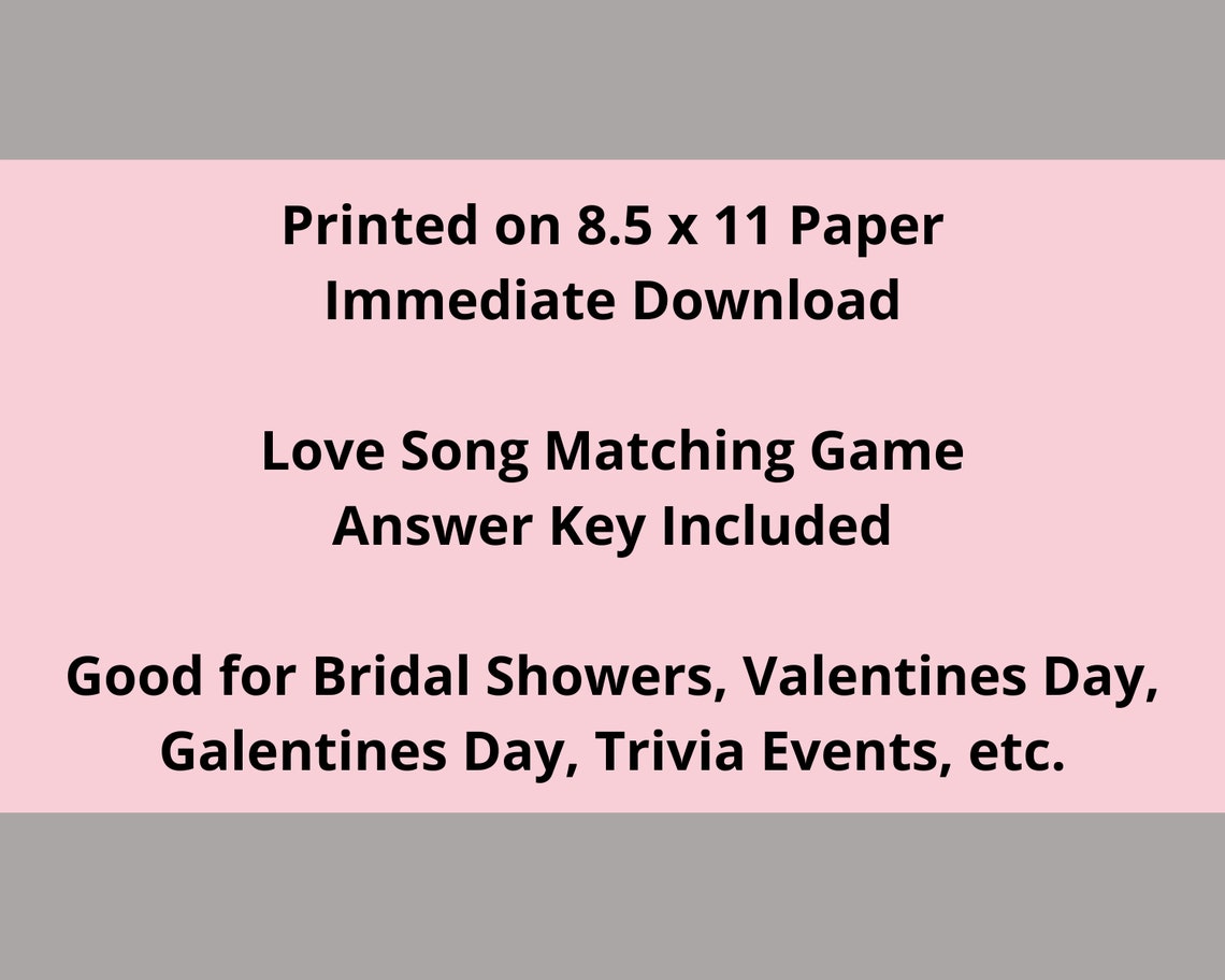 Love Song Matching Game, Printable Download: Bridal Shower, Valentines ...