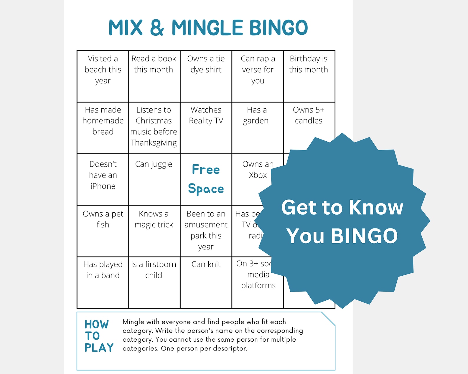 Get to Know You Bingo Game • Digital Download Printable • "find Someone ...
