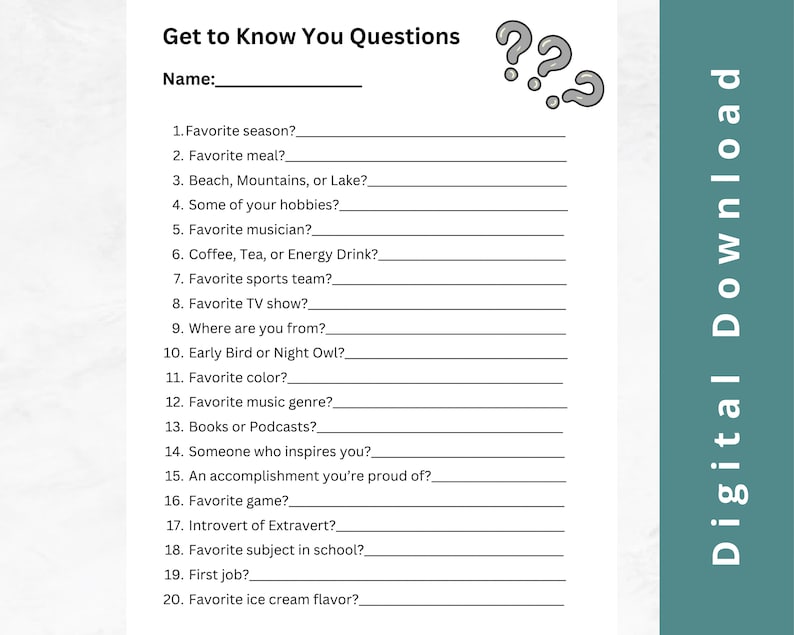 Get to Know You Questions • Conversation Starter • Icebreaker Download ...