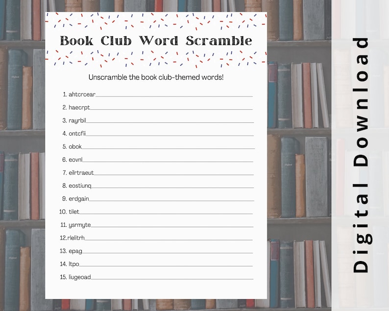 Book Club Word Scramble • Book Club Party Game • Book Games • Book ...