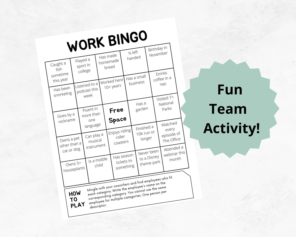 Work Bingo • Workplace Get-to-know You Game • Employee Work Game • Work ...