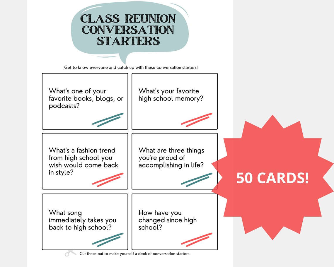 Class Reunion Conversation Starters • 50 Get-to-know-you Cards ...