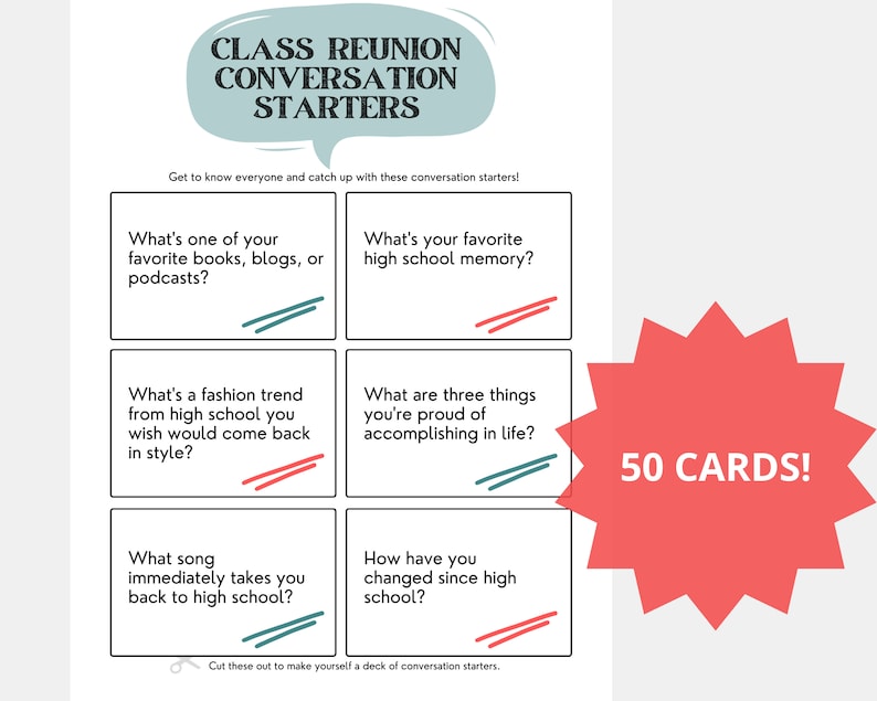 Class Reunion Conversation Starters • 50 Get-to-know-you Cards ...
