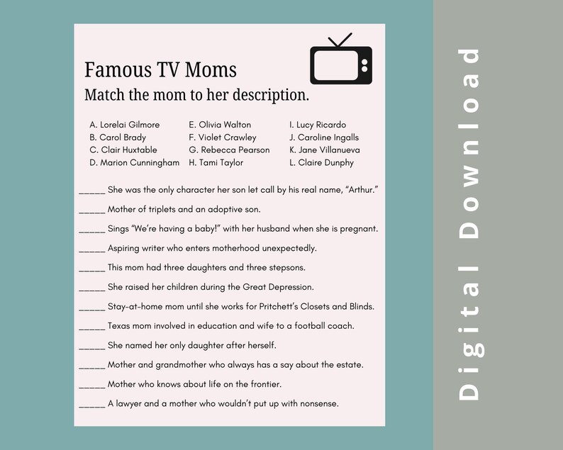 TV Mom Trivia Game • TV Characters Game • TV Mom Matching Game • Mother ...