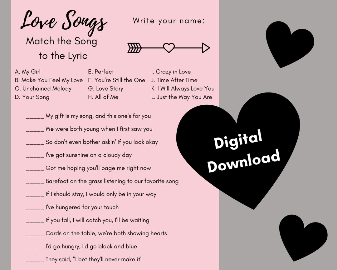 Love Song Matching Game, Printable Download: Bridal Shower, Valentines ...