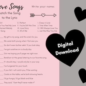 Love Song Matching Game, Printable Download: Bridal Shower, Valentines ...