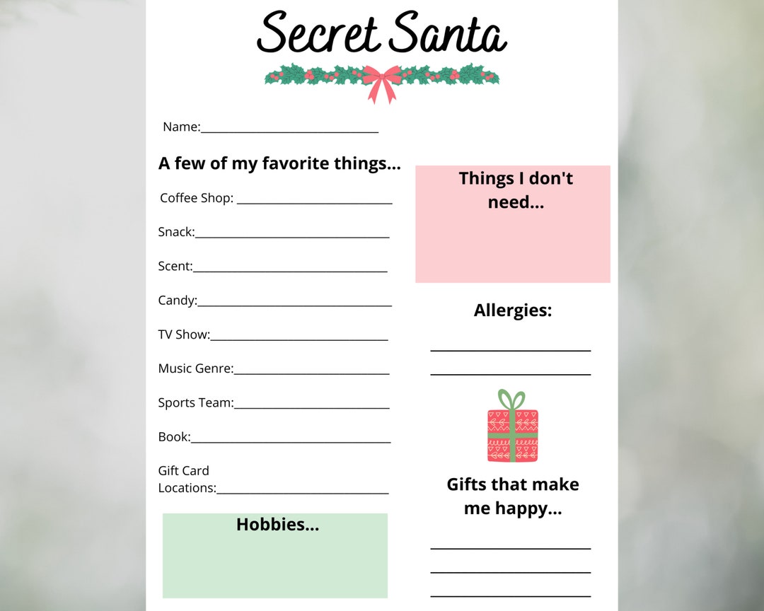 Secret Santa Questionnaire • Holiday Gift Exchange for Family, Friends ...