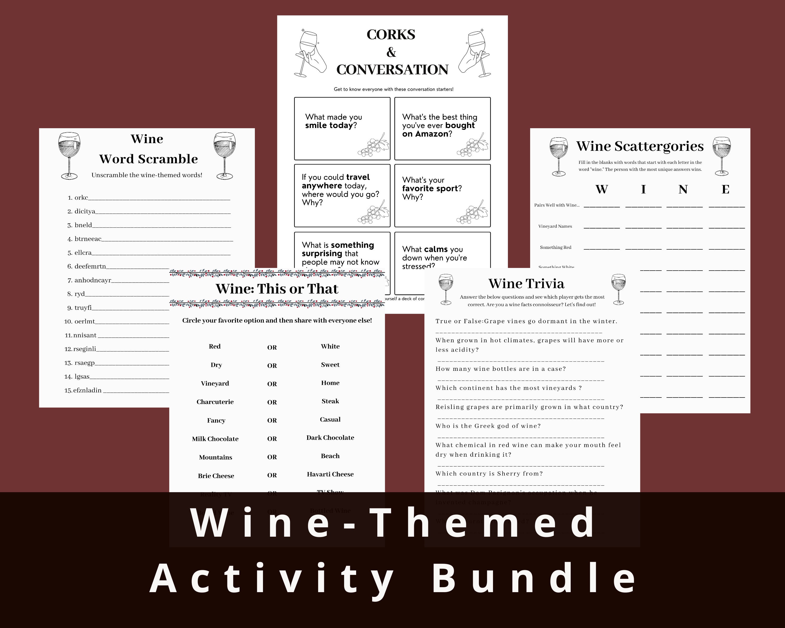 Wine-themed Game Bundle • Five Activities • Vineyard Games • Wine ...
