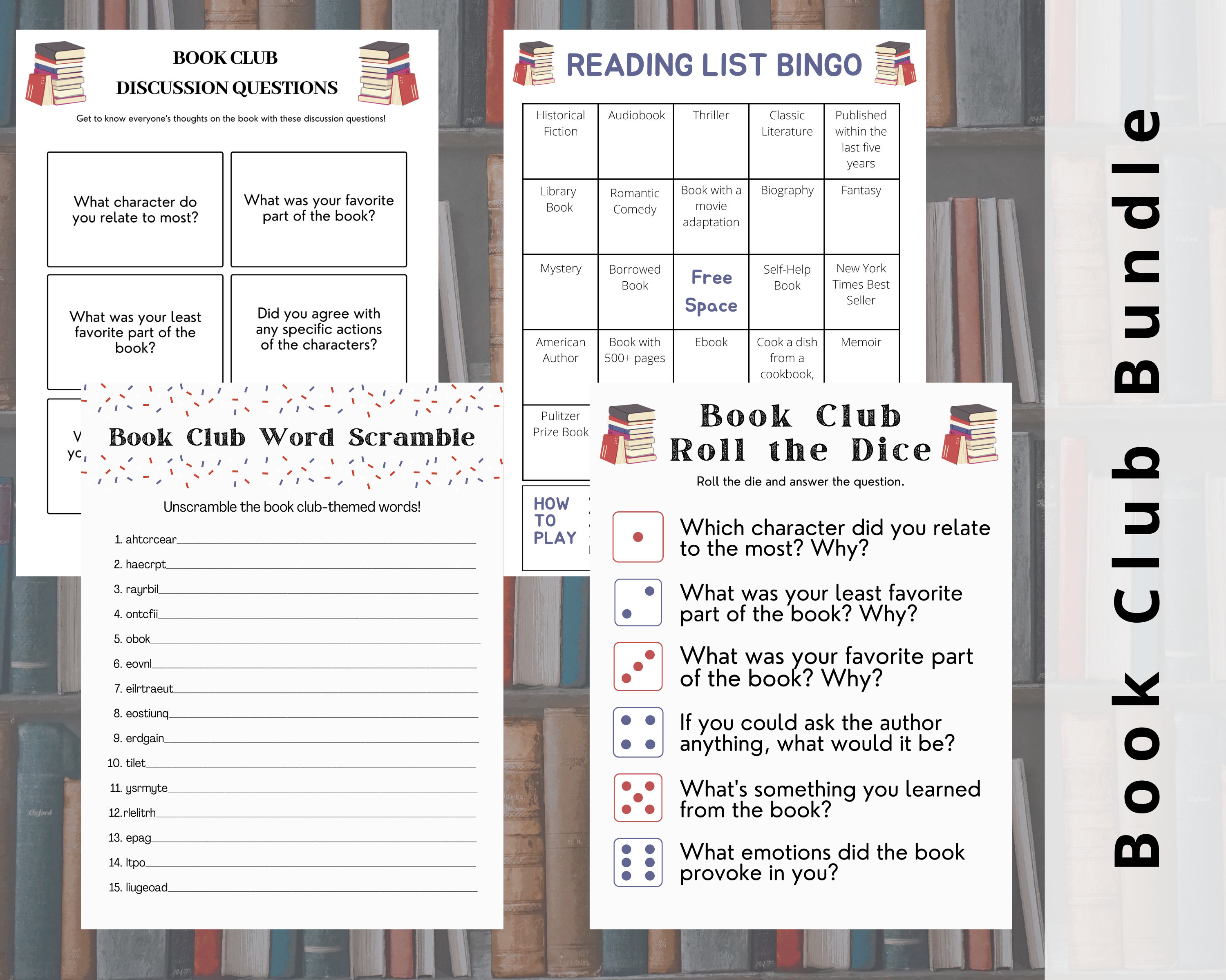 Book Club Activity Bundle • Book Club Party Games • Book Games • Book ...
