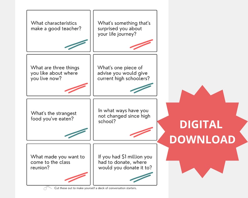 Class Reunion Conversation Starters • 50 Get-to-know-you Cards ...