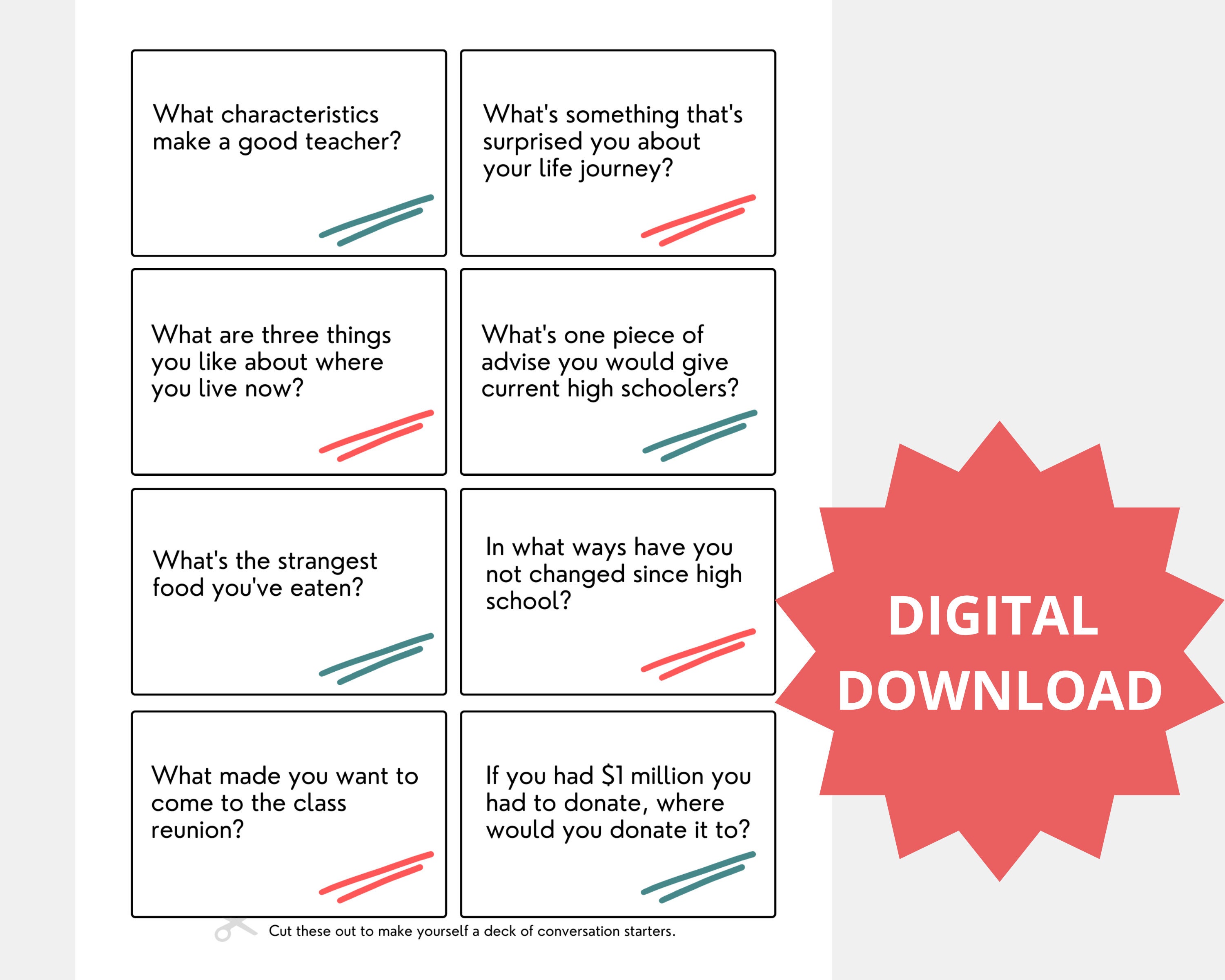 Class Reunion Conversation Starters • 50 Get-to-know-you Cards ...
