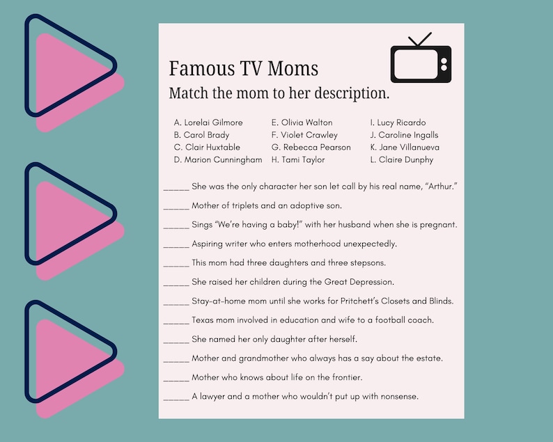 TV Mom Trivia Game • TV Characters Game • TV Mom Matching Game • Mother ...