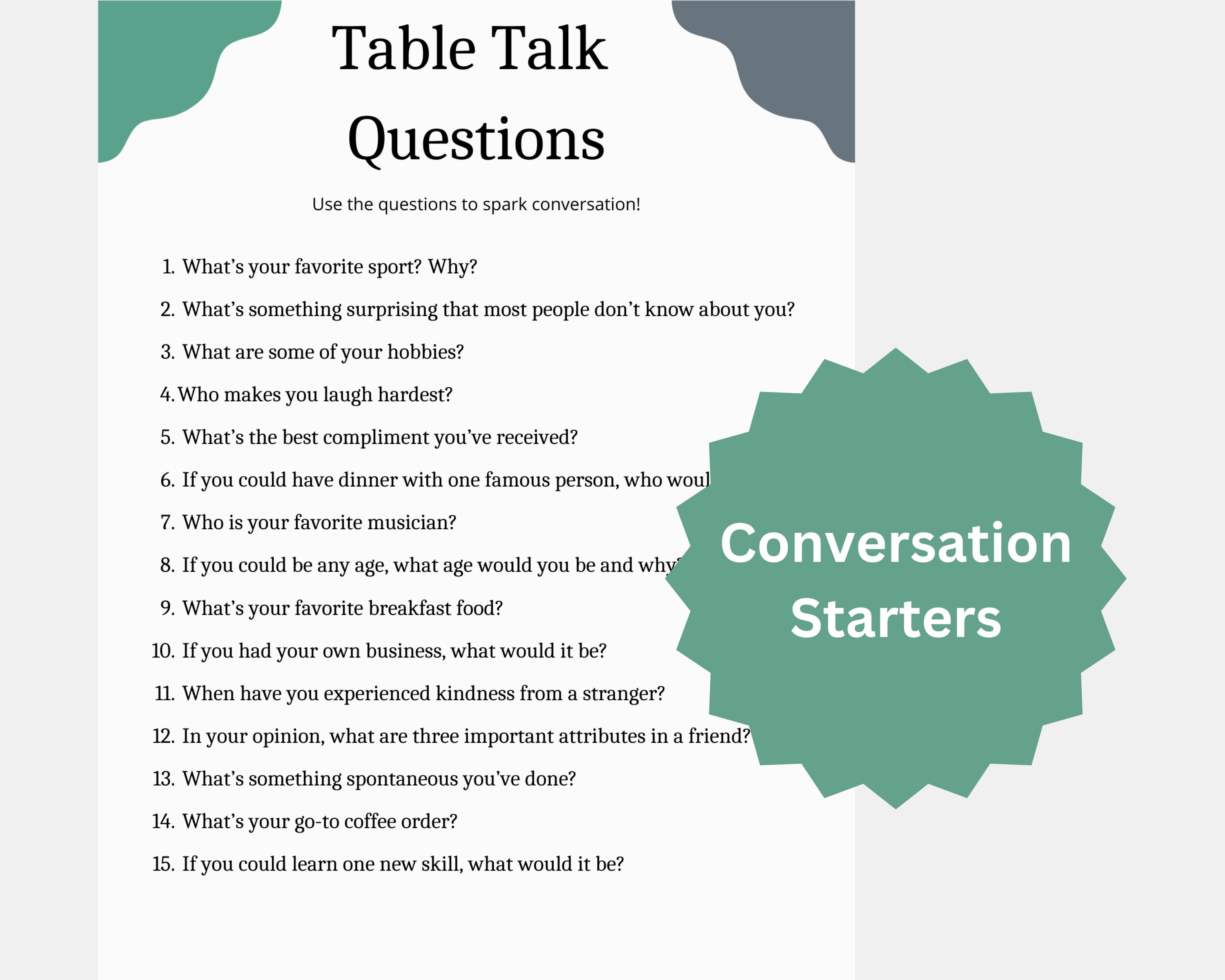 Table Talk Game Conversation Starters Get To Know You Game Icebreaker