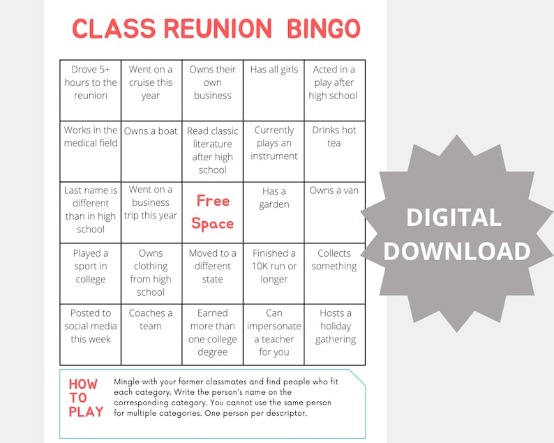 Class Reunion Bingo, Class Reunion Icebreaker, Mingle Game • Printable ...