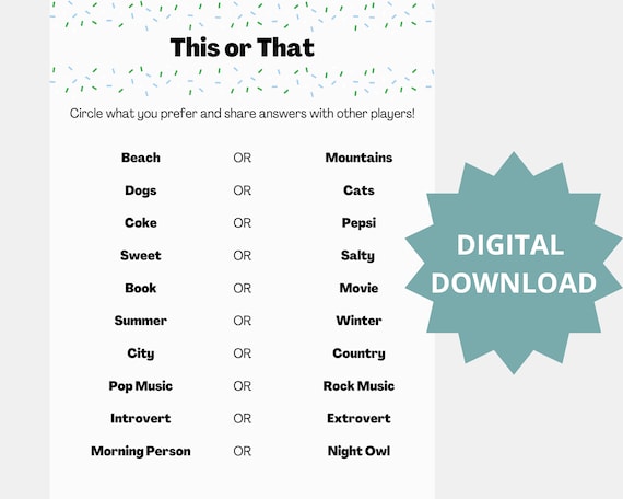 This or That Icebreaker Game Simple Easy Activity for Group - Etsy Canada