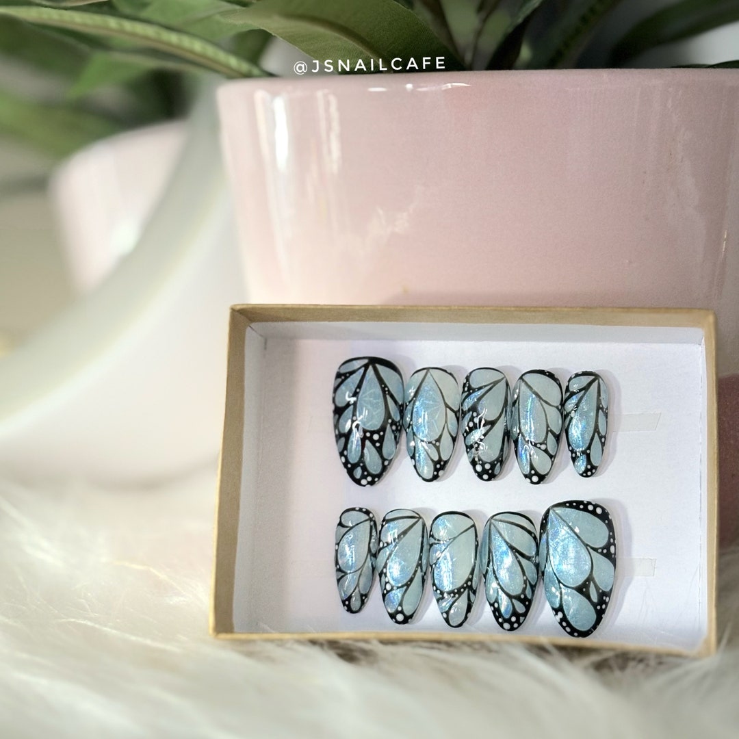 PERIWINKLE | Hand-painted Iridescent Blue Butterfly Press on Nails ...
