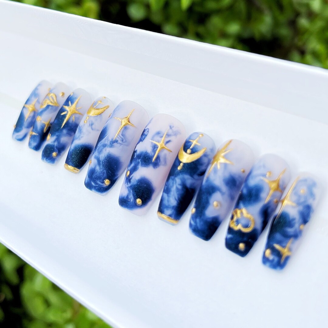 RAVEN Smokey Navy Press on Nails With Gold Designs Halloween Witch ...