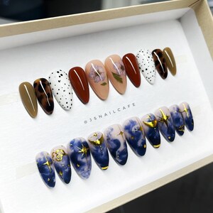 RAVEN Smokey Navy Press on Nails With Gold Designs Halloween Witch ...