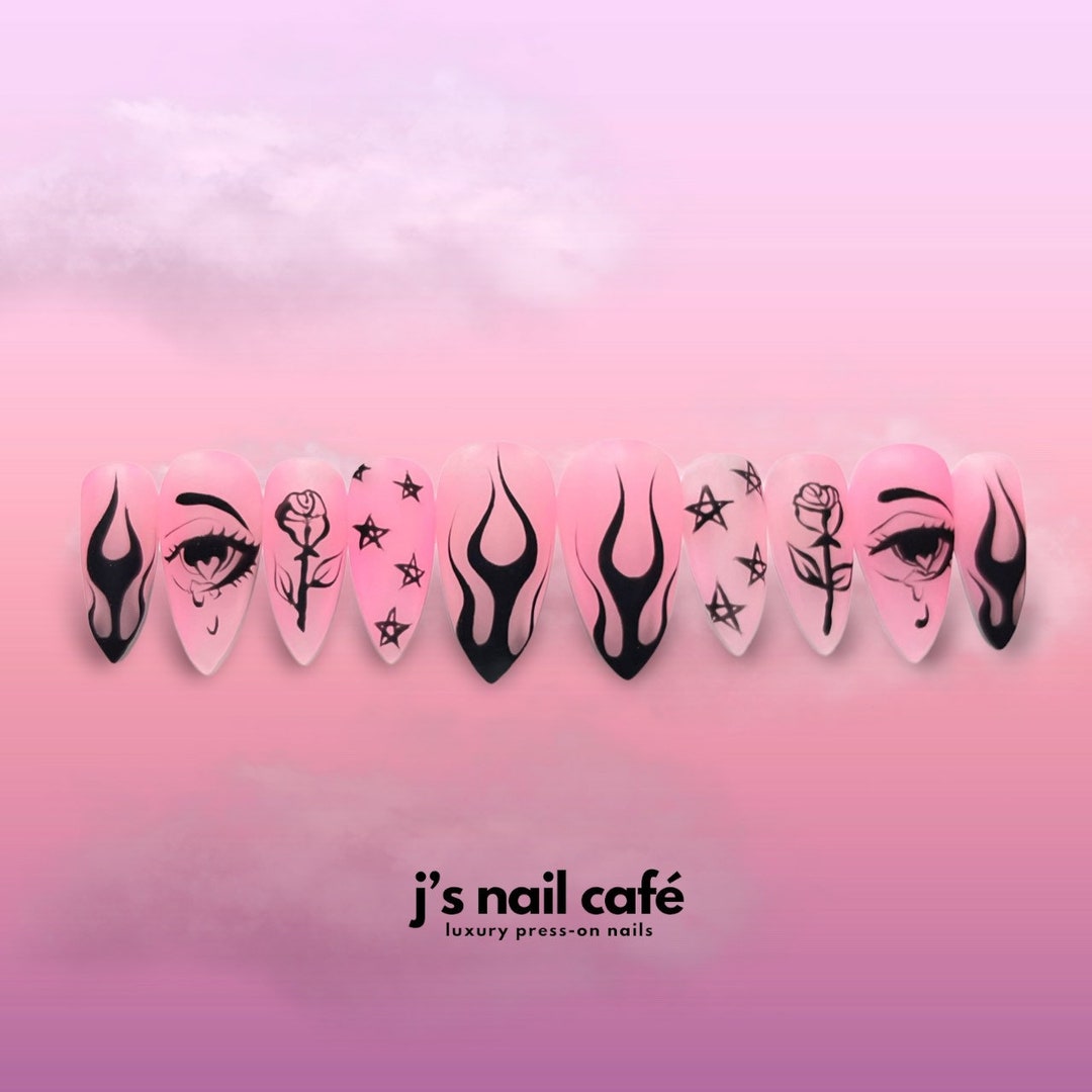 JULY | Sad Girl Flame Press-on Nails | Hand-painted Nail Art ...