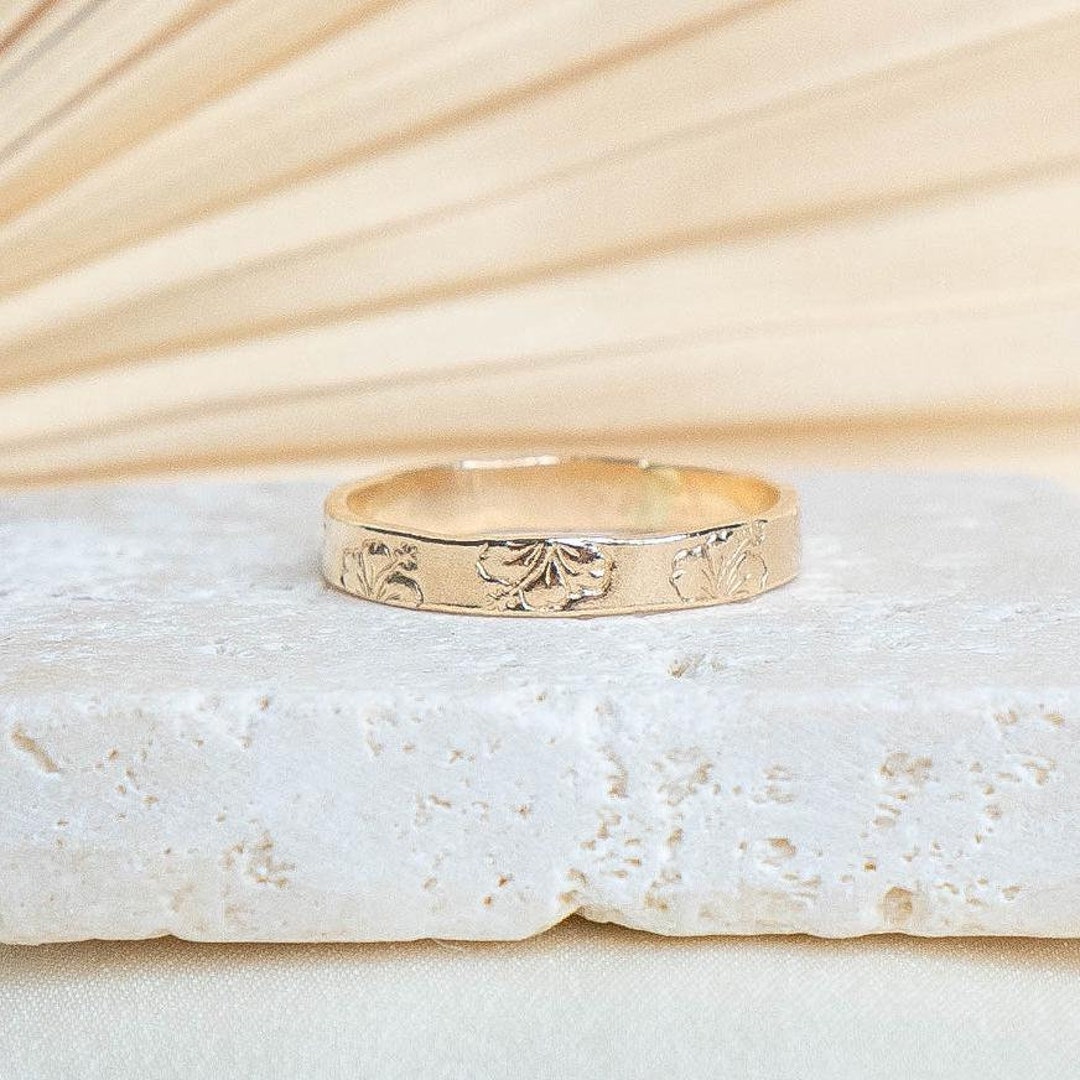 Hibiscus Ring 3MM Wide, Hawaiian Flower, 14K Gold Filled, Sterling ...