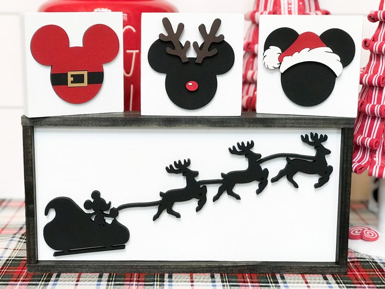 Mickey Mouse Santa Sleigh Christmas Signs Tiered Tray Decor | Etsy