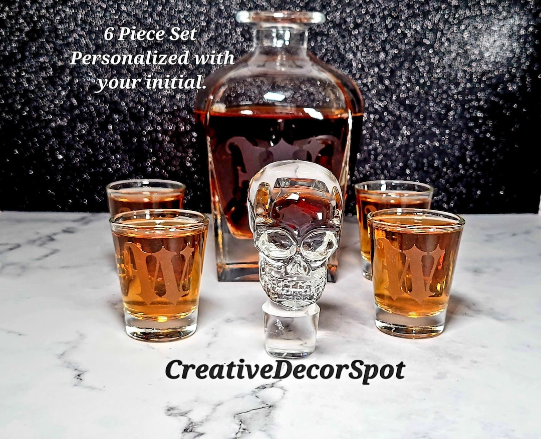 Customized Skull Whiskey Decanter Set and 4 Personalized Shot Glasses ...