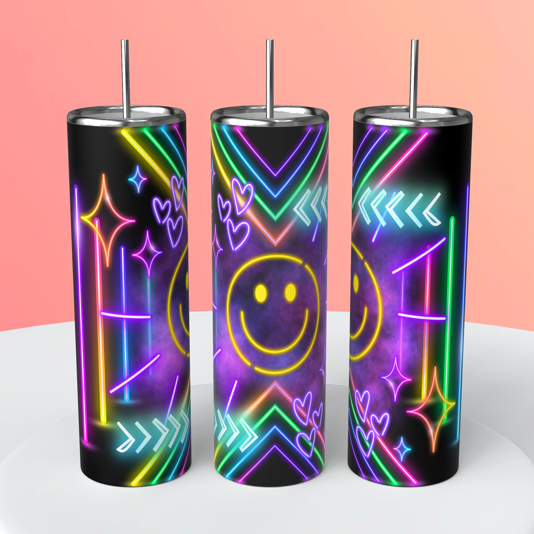 Neon Smiley Face Glow Sublimation Tumbler Wrap PNG Digital Download - Etsy