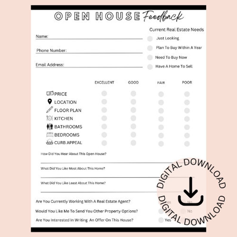 Real Estate Questionnaire Form Open House Form Buyer - Etsy